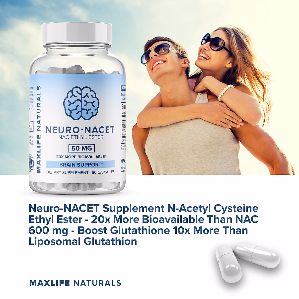 Neuro NACET - N-Acetyl Cysteine Ethyl Ester - 20x More Bioavailable Than NAC 1000mg - 10x Higher Glutathione Boost Over Liposomal Glutathione - NAC Ethyl Ester with Glycine, Selenium, Brain Support