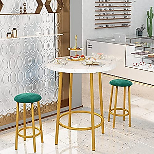 Lamerge 3 Piece Pub Dining Set, Counter Height Round Bar Table and Stools, Small Bistro with Metal Frame, Velvet Ideal for Breakfast Nook, Bistro, Apartment, White + Green, 30mm Thickness (W36850283)