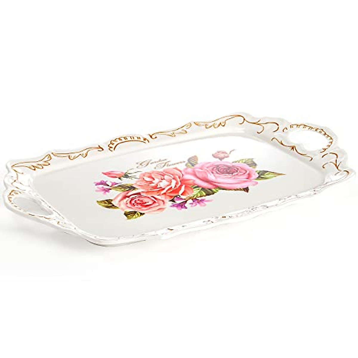 Nicunom 3 Pack Serving Trays with Handles, Melamine Stackable Serving Platter BPA-Free Rectangle Food Tray Set with Flower Pattern for Home, Parties and Restaurants, Safe for Dishwashe