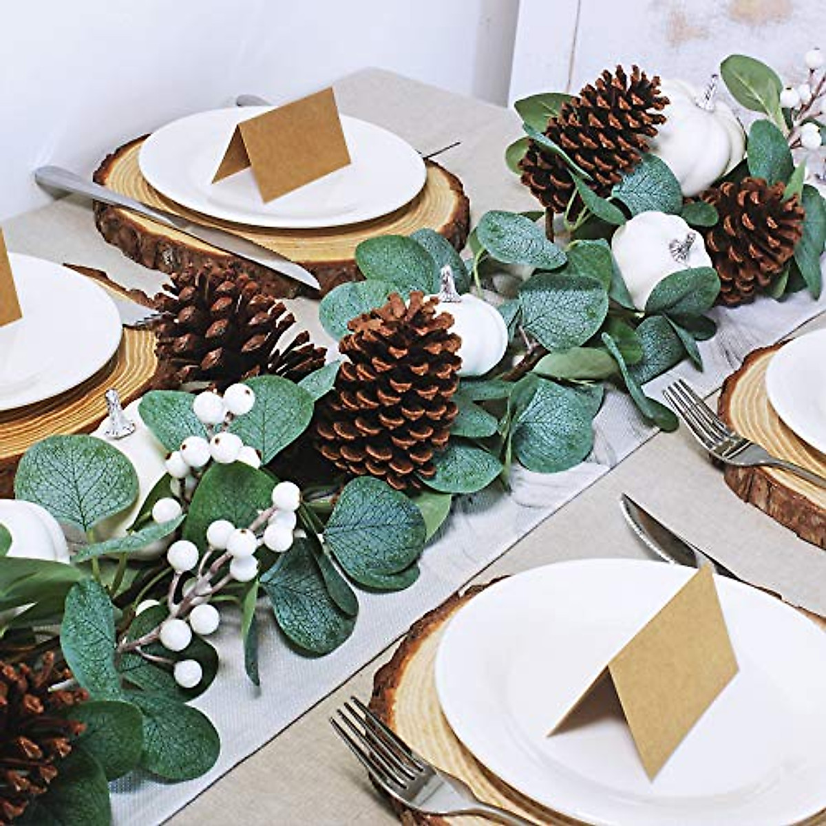 White Pumpkin Garland Artificial Eucalyptus Garland with White Pumpkins Pinecones Berries Fall Foliage Garland for Wedding Arch Backdrop Thanksgiving Table Runner Farmhouse Décor 6' Long