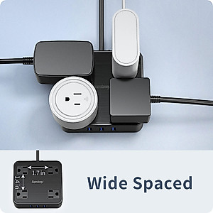 Power Strip Surge Protector 1050J, SUPERDANNY 8 Widely Spaced Outlets and 3 USB Ports, 5 Ft Heavy Duty Flat Plug Extension Cord, Wall Mount, Desk Charging Stationfor Home, Office, Dorm, Black