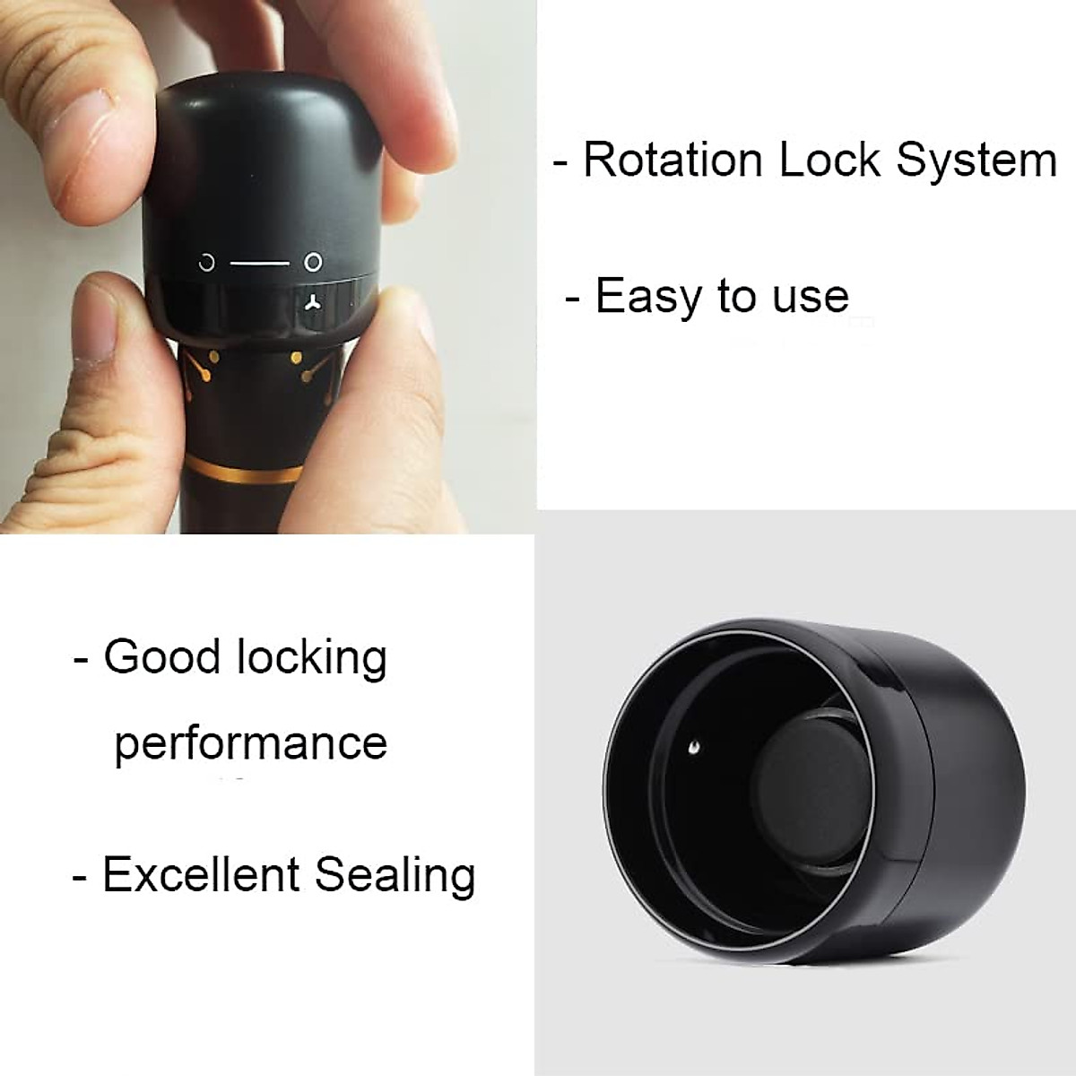 Wine Stopper with Rotating Lock, 4 Pack YIENHDA Wine Bottle Stopper, Mini Wine Corks, Sealed Wine Preserver, Reusable Wine Saver, Leak Proof Wine Keeper Cover for Wine Lover (Black)