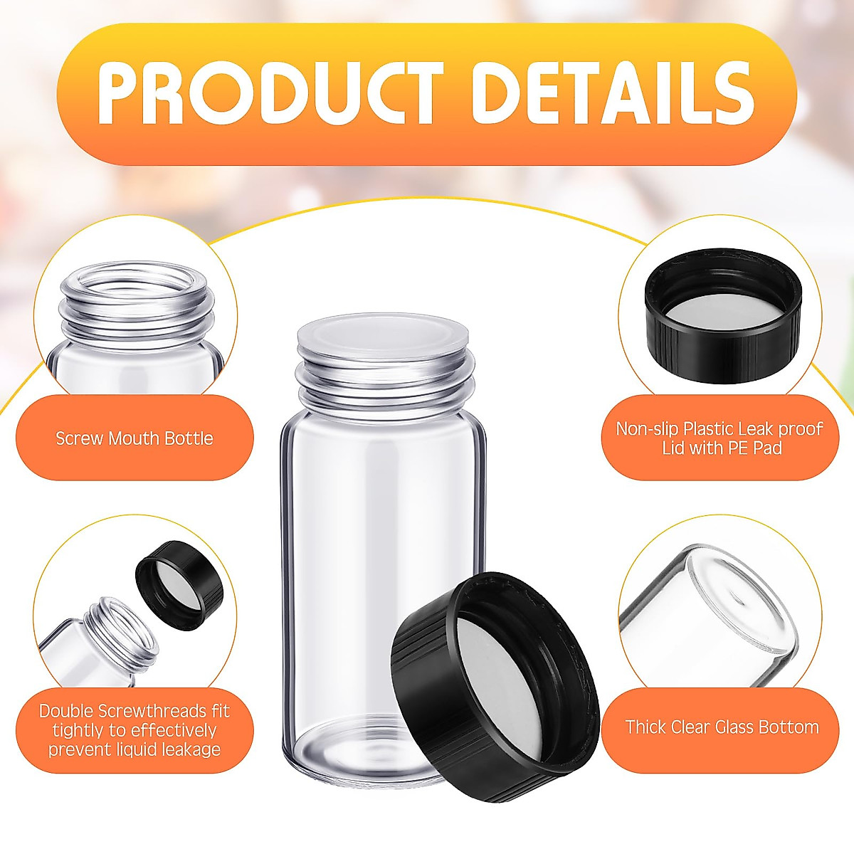 Ziliny 110 Pack 20 ml Glass Vials Clear Small Empty Glass Sample Bottles with Screw Cap Plastic Stoppers, Shims and Plastic Mini Funnels, Sample Leakproof Small Vials Storage Container