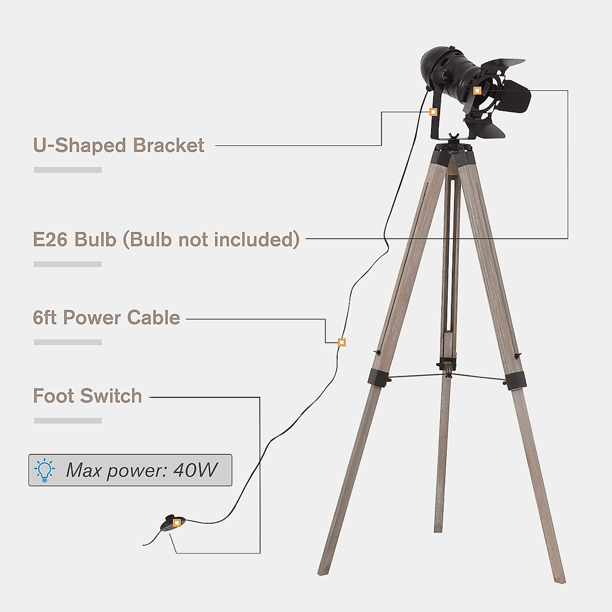 HOMCOM Industrial Style Tripod Floor Lamp, Vintage Spotlight Reading Lamp with Wooden Metal Legs, Wood and Black