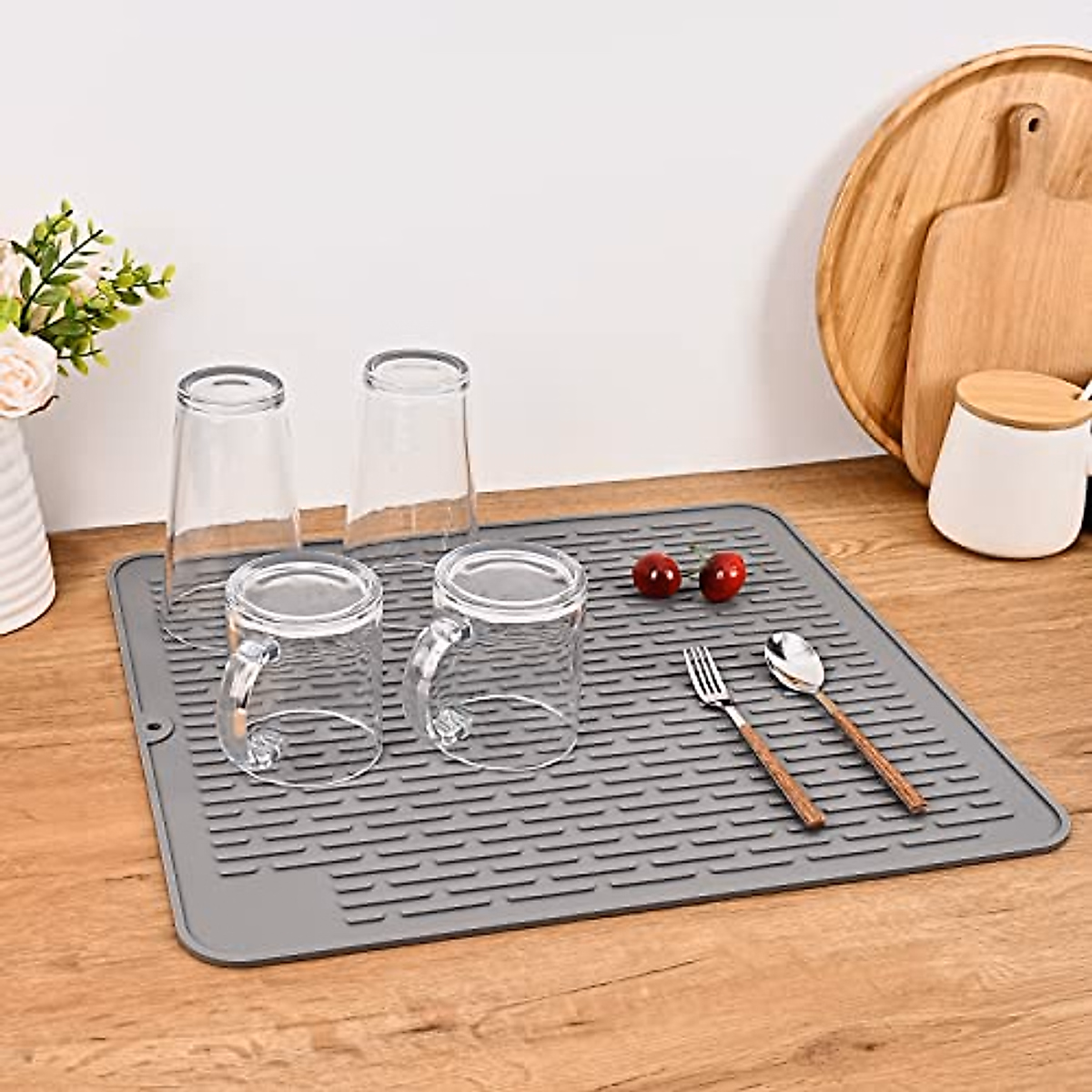 Elyum Dish Drying Mat, Silicone Drying Mat Heat Resistant Dish Mat Easy Clean Drying Mats for Kitchen Counter Non-Slip Kitchen Drying Mat (18" x 16'' , Gray)