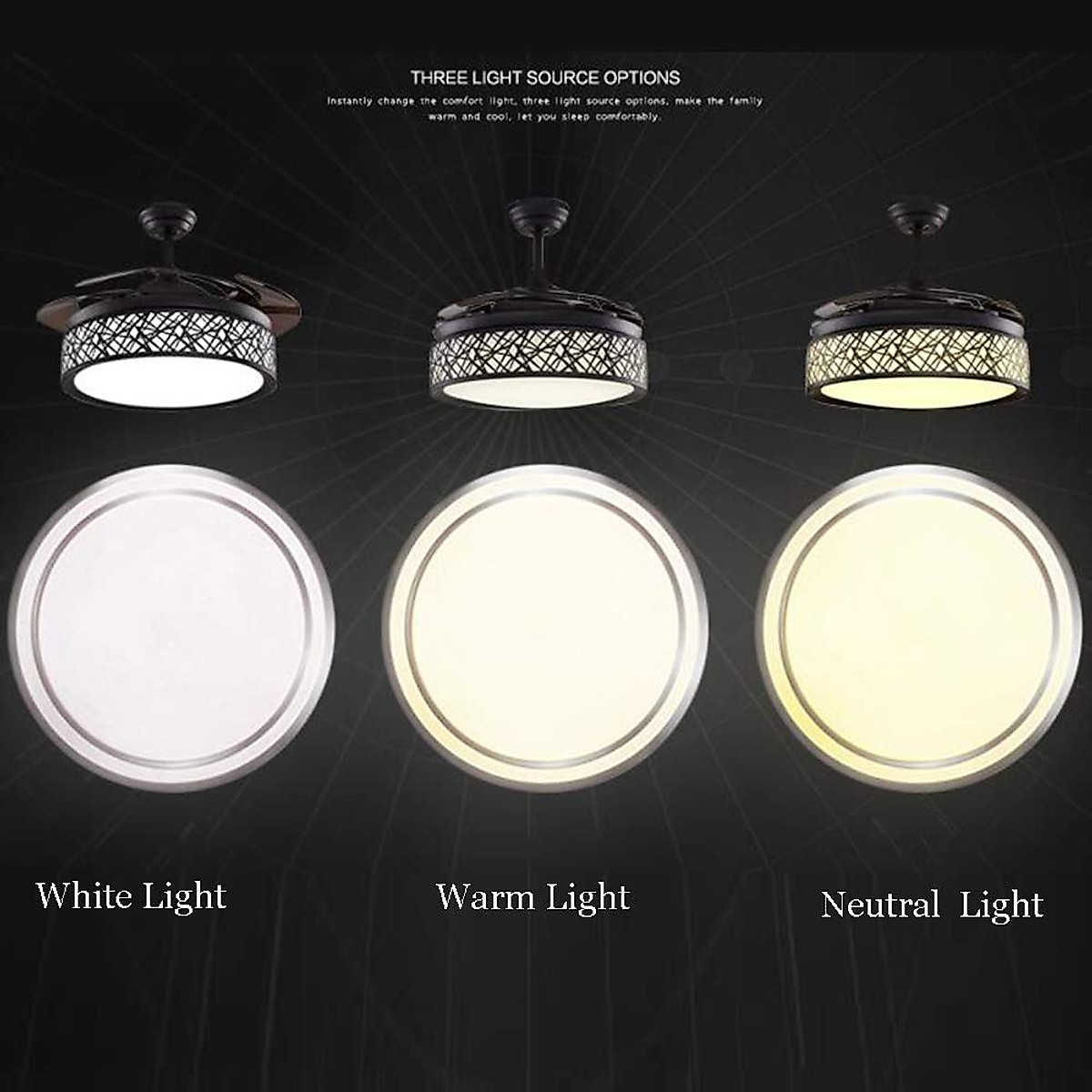 42 inch Black Cage Ceiling Fan with Lights, Ceiling Fan with Retractable Blades Three Color Change Chandelier with Remote Control, Dining Room/Living Room/Bedroom Lighting Decoration-36W