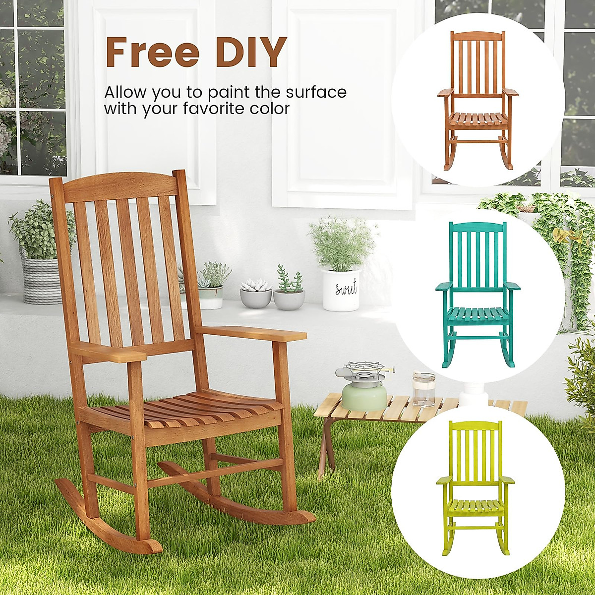 Tangkula Patio Rocking Chair with 400 lbs Weight Capacity, Eucalyptus Wood Porch Rocker with High Back, Patio Rocker Chair for Indoor and Outdoor Use (1)