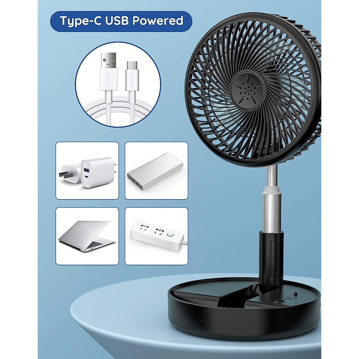 Primevolve Battery Operated Portable Standing Fan, Rechargeable USB Personal Floor Fan with Adjustable Height Black