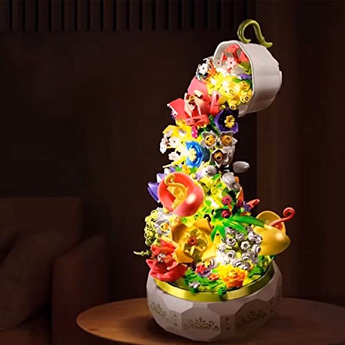 NEWRICE Waterfall Flower Bouquet Building Kit,Artificial Flowers Building Block Toys-Contains Music Box with LED Lights for Home Decoration,Birthday, Anniversary, (575 Pieces)