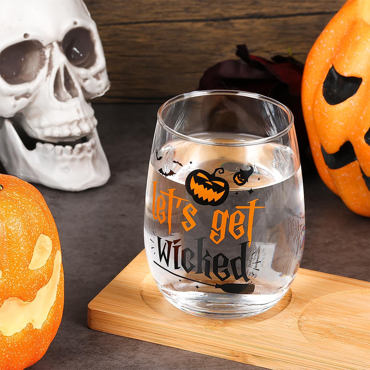 2 Pack Halloween Stemless Wine Glasses 15 Oz Pumpkin Drinking Wine Glass Cups Let's Get Wicked Wine Glass Tumbler for Halloween Party Whiskey Cocktail Tea Water Juice (LET'S GET WICKED)