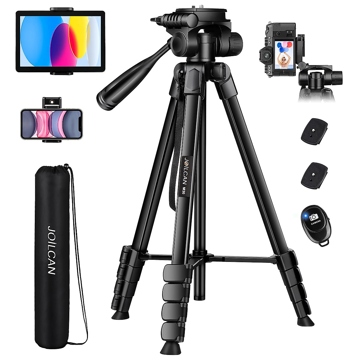 JOILCAN Camera Tripod, 68" Tablet Tripod Stand for Phone Cameras, Travel Tripod Compatible with iPad iPhone DSLR SLR Projector, Cell Phone Tripod Stand with Remote/Travel Bag / 2 in 1 Mount