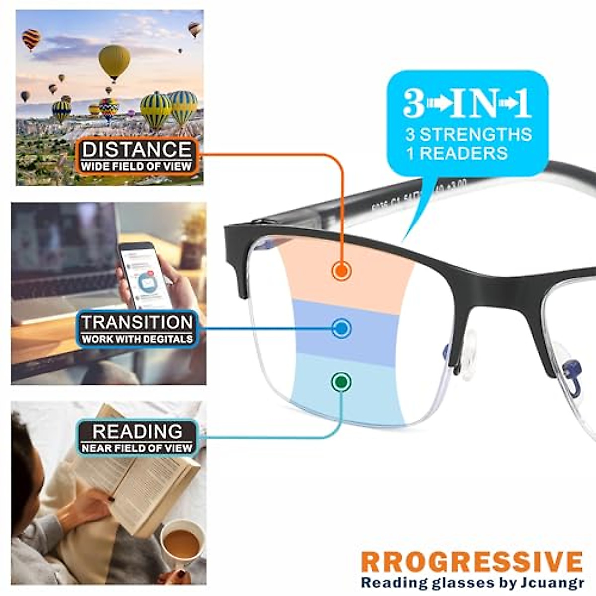 Bifocal Reading Glasses for Men, No Line Bifocals Progressive MultiFocus Readers, Wide Clear Top Transition Non Prescription Multifocal Eyeglasses,Large Anti Blue Light Multi focals Half Frame +2.5