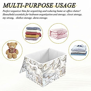 Kigai Marble Ink Gold White Storage Basket with Lid Collapsible Storage Bin Fabric Box Closet Organizer for Home Bedroom Office 1 Pack