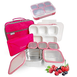 Stainless Steel Kids Bento Lunch-Box with Lunch Bag Ice Pack for Toddler Kids Adult, Leak-Proof School Lunch Container Boxes, Food Snack Containers for Child Daycare Picnic, 5 Compartment 34 oz Pink