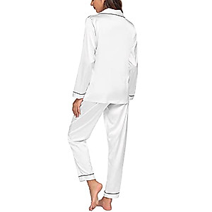 Ekouaer Women's Silk Pjs Set Satin Long Pajamas Top and Pants 2 Pieces Sleepwear with Pockets(White,Medium
