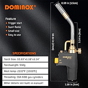 DOMINOX Propane Torch Head, High Intensity Torch Head Trigger Start Gas Torch, Map Gas Torch Kit for Propane, Map and Mapp Gas, Mapp Gas Torch, Soldering Torch Kit (Not Included Gas Tank)