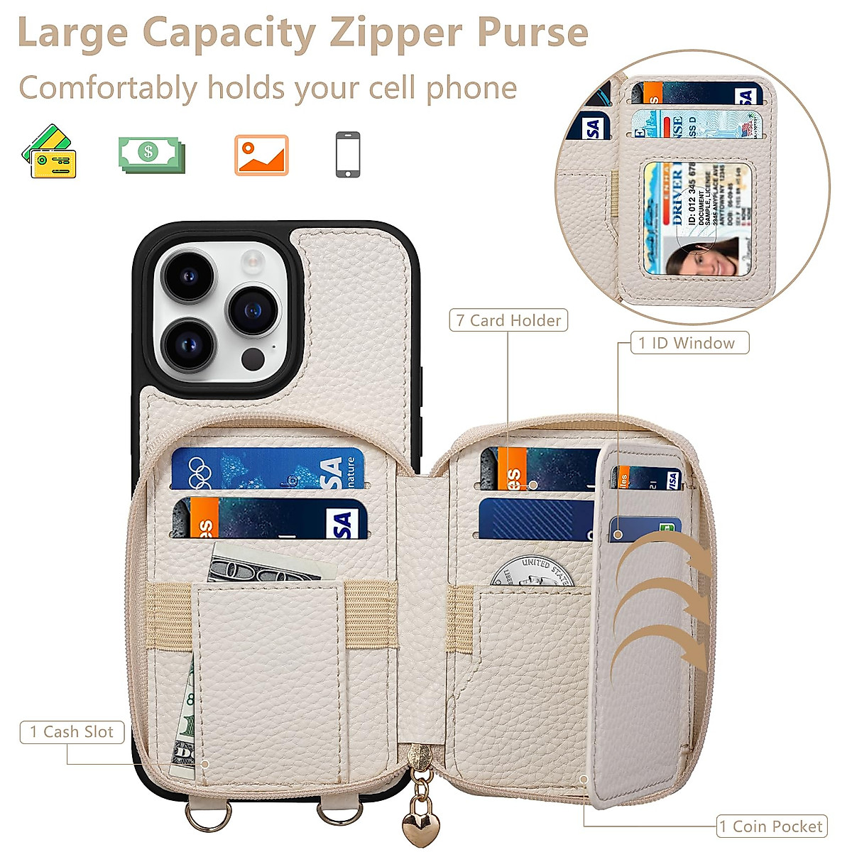 Keallce Compatible with iPhone 15 Pro Max 6.7 inch Case Wallet, Crossbody Zipper with RFID Blocking Card Slots Kickstand, Lanyard & Handstrap Flip Leather Cover for iPhone 15 Pro Max 2023, Beige