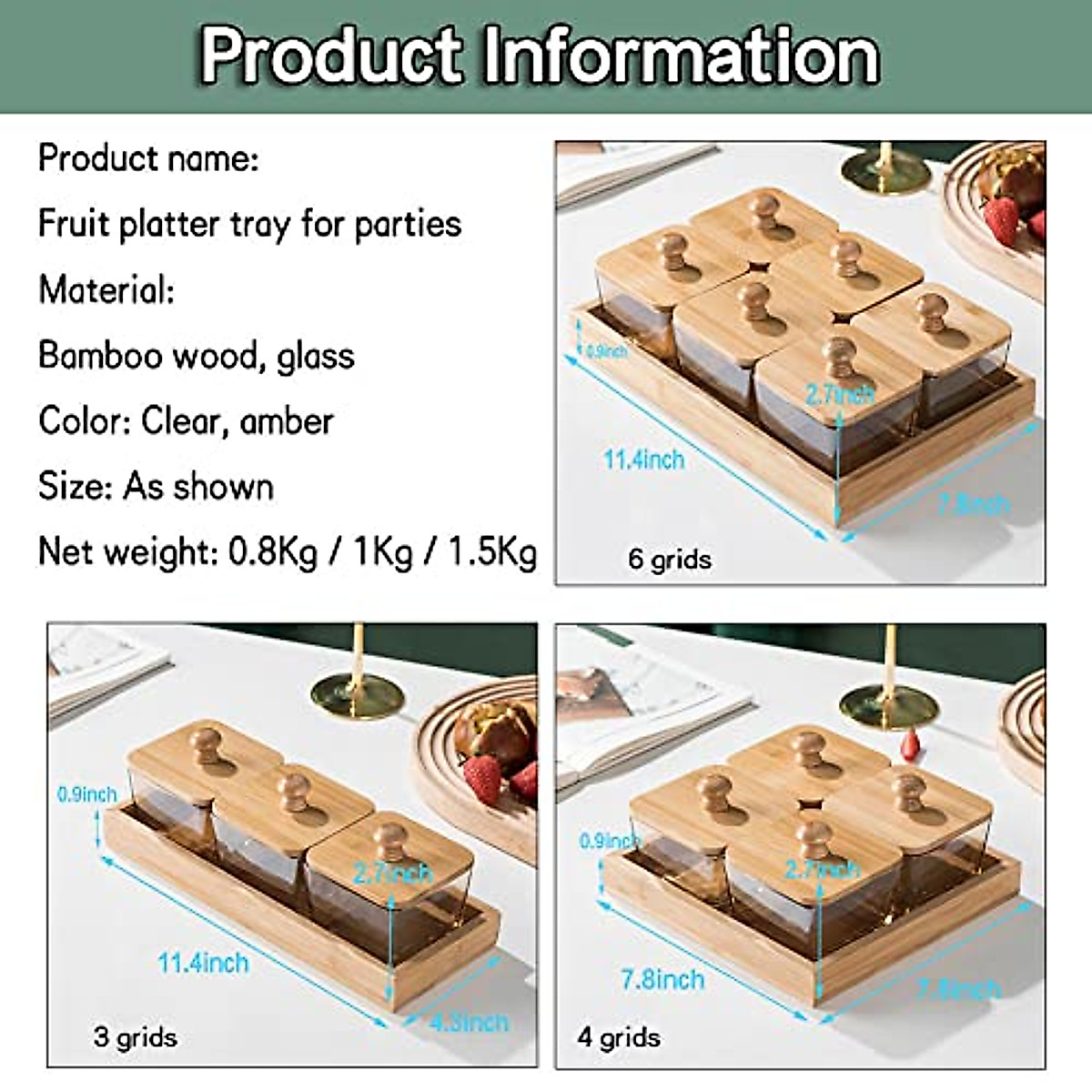 Square Snack Serving Tray,Divided Serving Tray with lid,Household Wooden Divided Serving Tray,Fruit Platter Tray for Parties,Snack Tray with lid,Suitable for Candy,Nuts,dips,Fruits