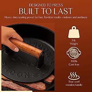 Bellemain Cast Iron Grill Press, Heavy-duty bacon press with Wood Handle, 8.5-Inch Round