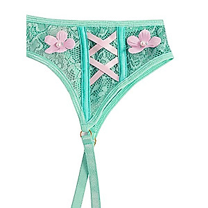 WDIRARA Women's Floral Lace Embroidered Push Up Garter Lingerie Set with Stockings Green L