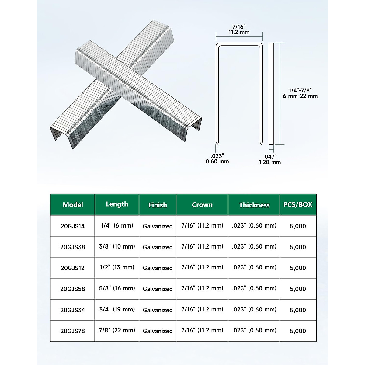 meite 20 Gauge J10 Series 7/16-Inch (11.2mm) Crown 1/2-Inch Length Upholstery Staples for Staple Gun, Fine Wire Galvanized Staples for Carpet, Work Box, Cable, Shed (5,000 Pieces)