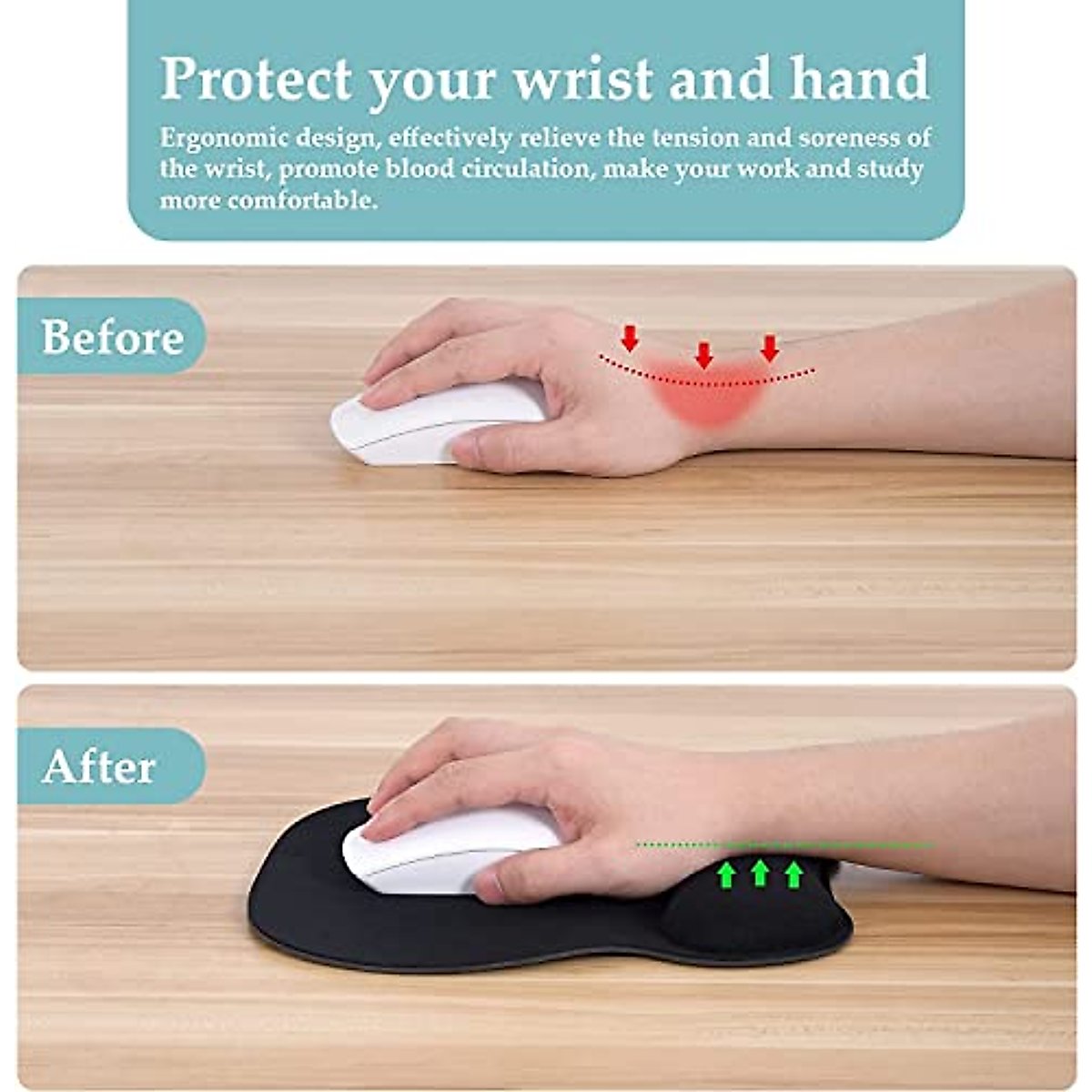 EooCoo Ergonomic Mouse Pad with Wrist Support Memory Foam, Non-Slip Base Mouse Mat for Internet Cafe, Home & Office - Black