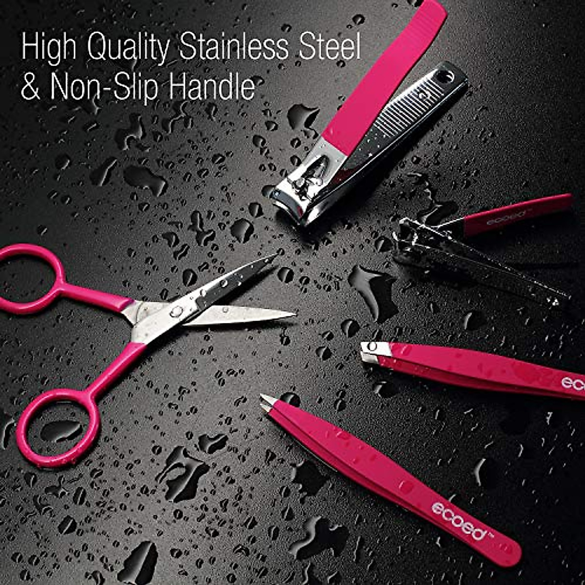 ecoed Nail Clippers Set, Thick Nails Cutter Manicure Set with Tweezer Set and Pointed Hair Removal Tweezers for Eyebrow Plucking & Nail Trimming PINK