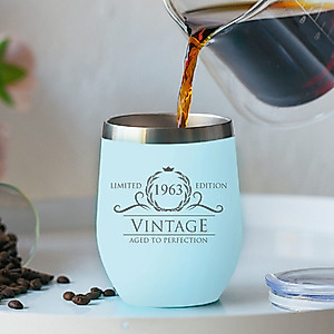 60th Birthday Gifts for Women - 1963, 12 oz Seaside Stemless Wine Tumbler - 60th Birthday Decorations for Women - Birthday Gifts for 60 Year Old Women Mom - Funny 60th Birthday Idea Presents for Women