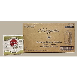 Magnolia Premium Bright 2-Ply Dinner Napkins for all Occasions, 1/8 Fold, 18 Packs of 125 Each, 15"x16.5", Made in the USA