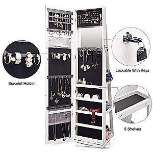 TWING 360° Rotating Jewelry Armoire with Mirror, Full Length Mirror Jewelry Cabinet Standing, Inside Mirror with Jewelry Storage, Rear Storage Shelves, Soft Velvet Interior,Girl Gift (Marble White)