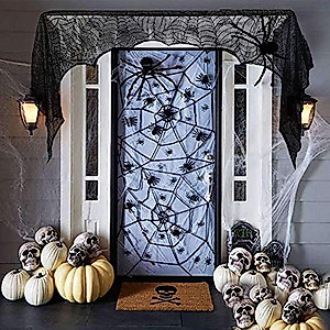 GKkakuto Halloween Cobweb Fireplace Scarf, Black Lace Spiderweb Mantle Scarf for Halloween Home Party Supplies, 18 x 96 inch