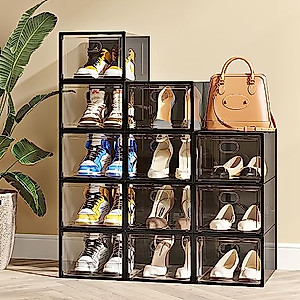 JOISCOPE 12 Pack Shoe Storage Boxes, Fit up to US Size 13, Clear Plastic Stackable Shoe Organizer for Closet, Space Saving Foldable Shoe Containers Bins Sneaker Container, Black