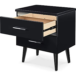 Adore Décor Lennox Mid-Century Side Table 2 Drawers Storage Nightstand, Matte Chrome Handle, Black