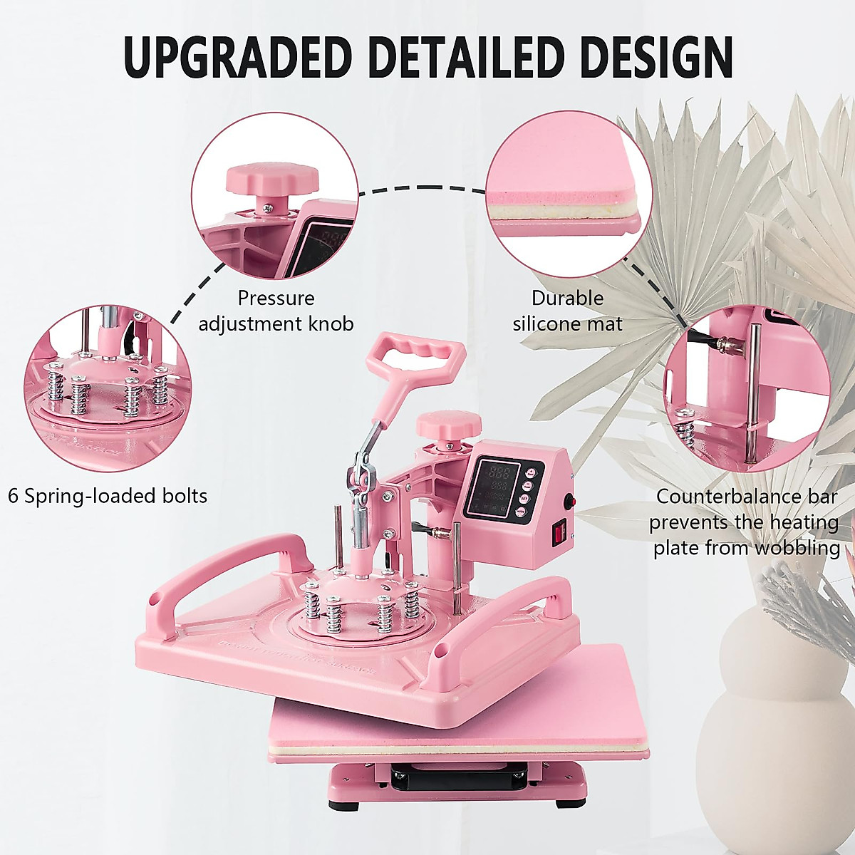 Leomru 8 in 1 Heat Press Machine 15x15 Inch, Heat Press Machine for T Shirts Hat Cap Mug Plate 360° Swing Away, Sublimation Heat Press Heat Transfer Machine W/ 30OZ Tumbler Press Pink