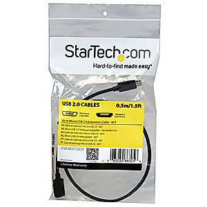 StarTech.com 0.5m 20in Micro-USB Extension Cable - M/F - Micro USB Male to Micro USB Female Cable (USBUBEXT50CM), Black