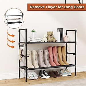 VTRIN Shoe Rack 3 Tier Long Shoe Organizer for 16-20 Pairs of Shoes Stackable Fabric Metal Shoe Storage Shelf with Hook for Closet, Entryway, Garage, Black