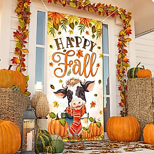Happy Fall Door Cover Fall Party Decorations Baby Cow with Scarf Fall Festival Decorations Pumpkin Door Banner for Autumn Harvest Thanksgiving Party Supplies