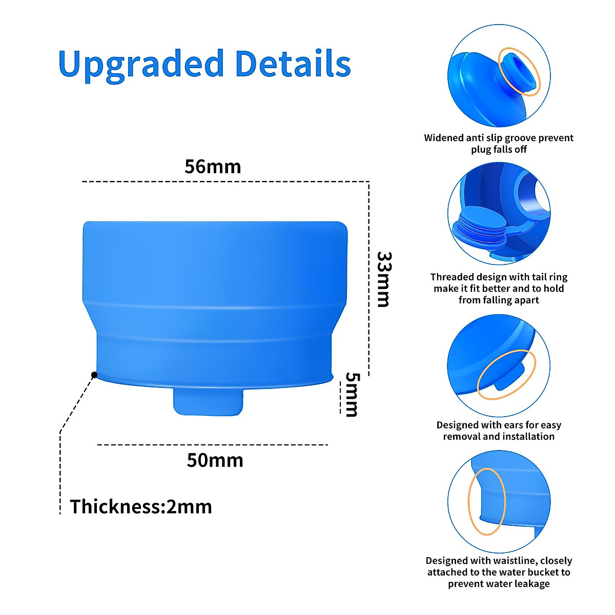 SEVCHY 3 and 5 Gallon Water Jug Cap, Reusable Food Grade Silicone Replacement Cover for 55mm Opening Water Jug Lid, Non Spill Water Bottle Caps - pack of 3