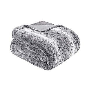 Madison Park Zuri Soft Plush Luxury Oversized Faux Fur Throw Animal Stripes Design, Faux Mink On The Reverse, Modern Cold Weather Blanket for Bed, Sofa Couch, 60x70", Grey