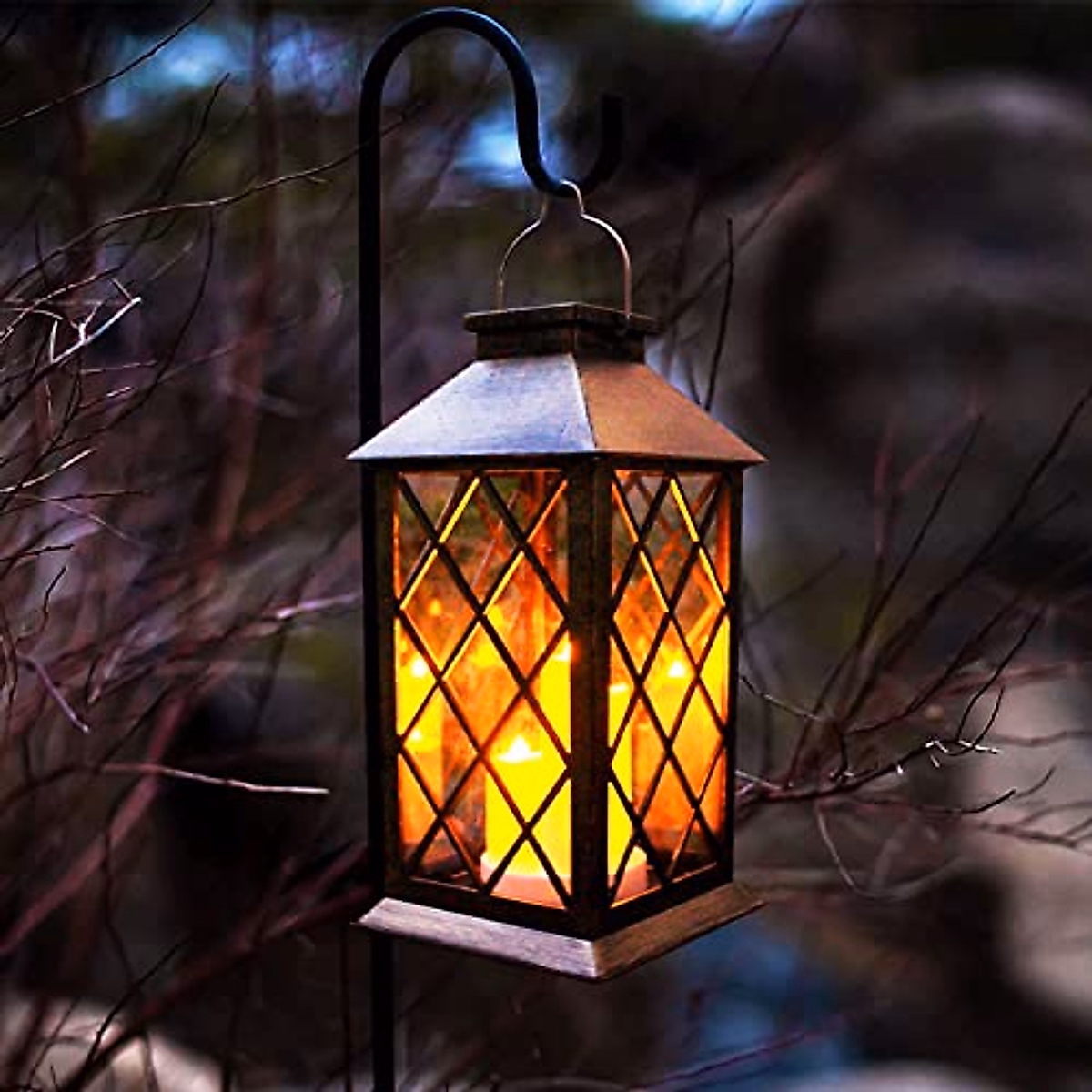 Solar Outdoor Lantern, Garden Hanging Waterproof Lanterns PVC Upgrade 3 LED Flickering Flameless Candle Decorative Lights for Garden (Grid Candle)