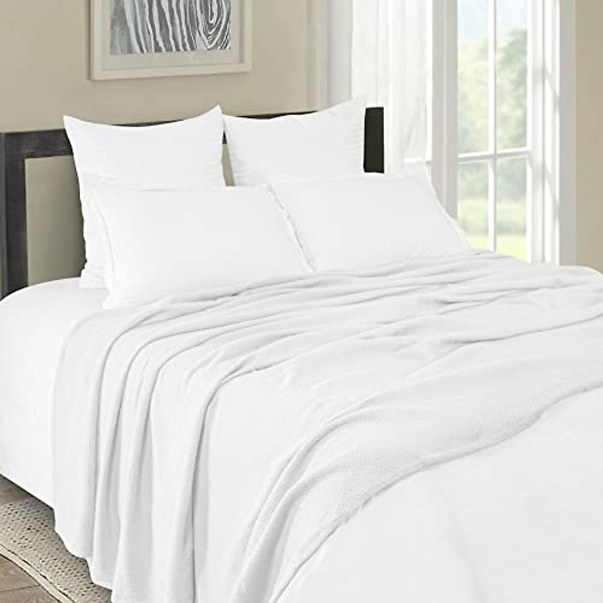 BOUTIQUO 100% Cotton Bed Blanket, Breathable Thermal Blanket Full - Queen Size, Soft Honeycomb Waffle Blanket 90"x90", Cotton Bed Blanket, Perfect for Layering Any Bed for All Season, White
