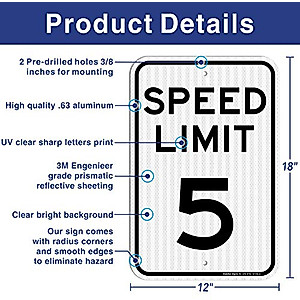(2 Pack) Speed Limit 5 MPH Sign, 18 x 12 Inches Engineer Grade Reflective Sheeting, Rust Free Aluminum, Weather Resistant, Waterproof, Durable Ink, Easy to Mount