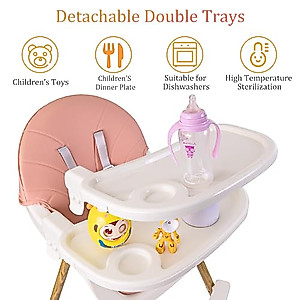 Baby High Chair, 3 in 1 High Chair for Toddlers, Convertible Infant Highchair with Removable Tray & Safety Harness, Adjustable Legs, Made of Sleek Hardwood & Premium Leatherette(Pink)