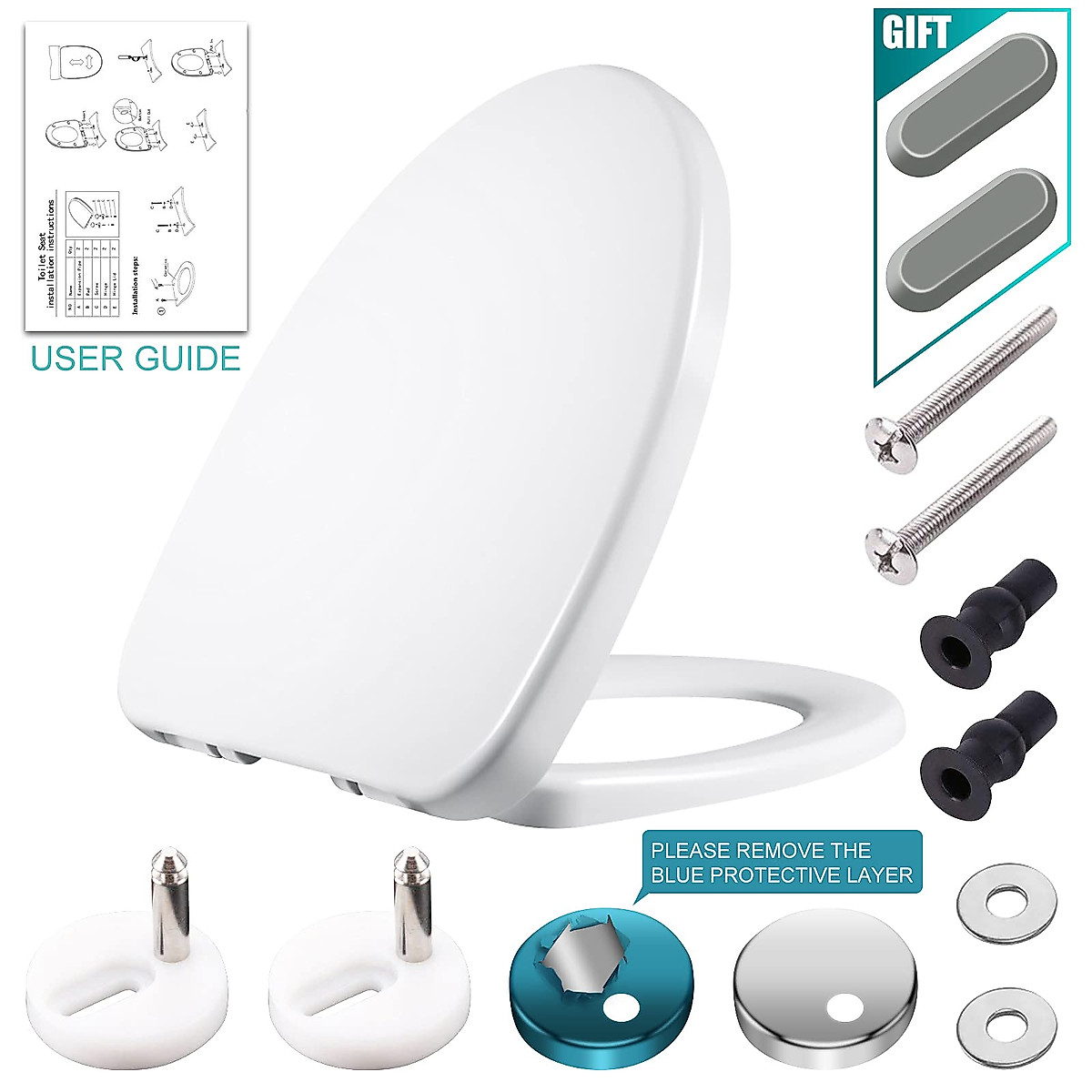 Elongated Toilet Seat - Heavy Duty Toilet Lid with Thick Premium UF Material, Soft Close & Quick Release, Top Fix to Install and Clean for Most Brand Standard Toilet Seats by WEKEY - White