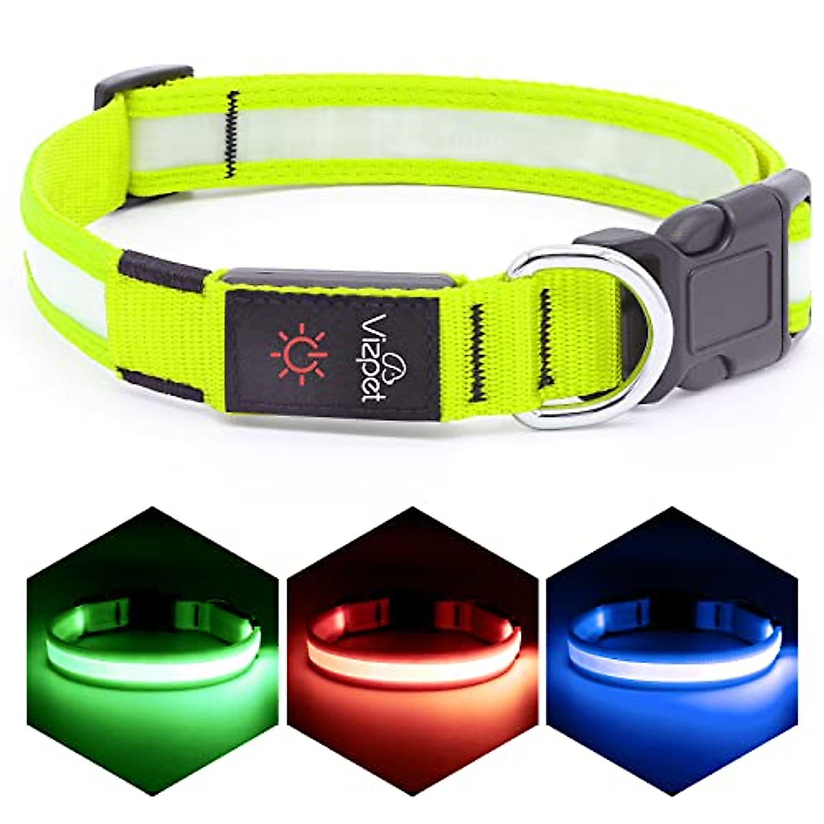 VIZPET LED Dog Collar USB Rechargeable 100% Waterproof Adjustable Light Up Dog Collar Super Bright Safety Light Glowing Collars for Dogs (Green, Medium)