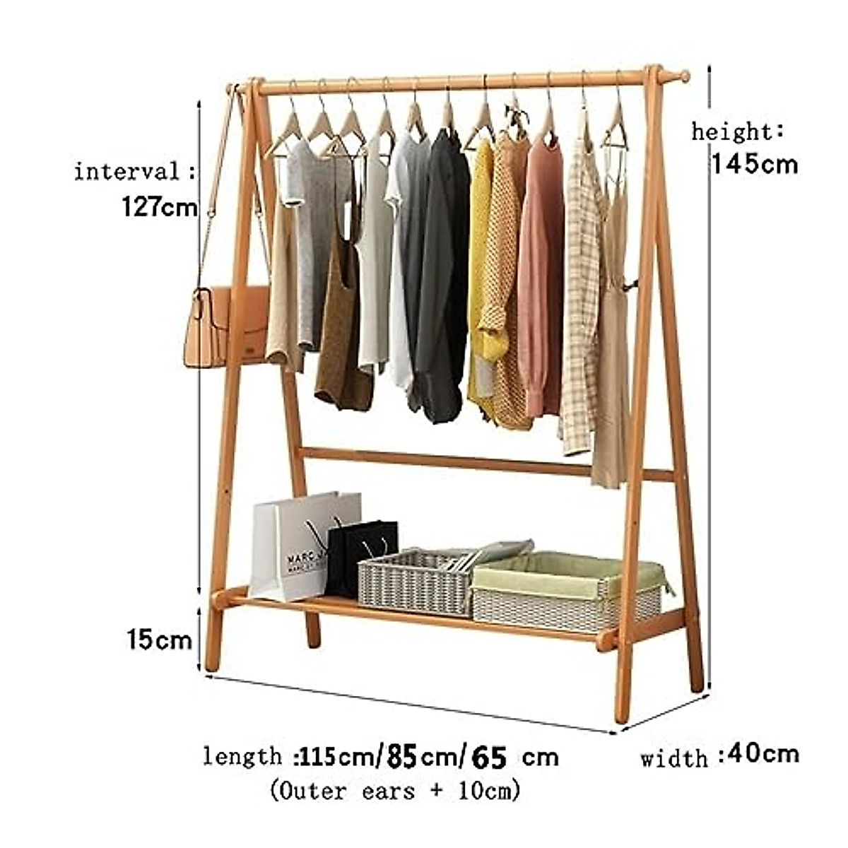HM&DX Bamboo Folding Clothing Rack,Freestanding Clothes Rack with 2-Tier Storage Shelves,with Anti-tipping Devices Garment RackHeavy Duty Triangular Frame,for Entryway Bedroom laundry drying rack