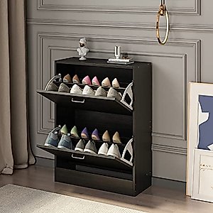 FUFU&GAGA Shoe Cabinet with 2 Flip Drawers for Entryway, Modern Shoe Storage Cabinet, Freestanding Shoe Rack Storage Organizer (23.6”W x 9.4”D x 31.4”H) (Black/Brown)
