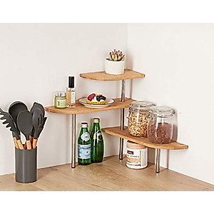 HYNAWIN 3-Tier Bamboo Corner Shelf-Kitchen Bathroom Office Countertop Storage Organizer, Standing Shelving Unit,Spice Rack Desk Bookshelf Display Shelves Space Saving-Creative Adjustable Rack
