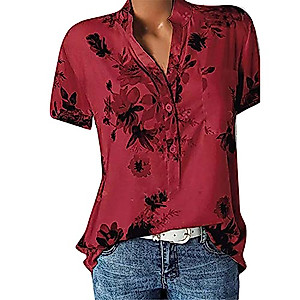 Andongnywell Women's Casual Printed V-Neck Shirt Floral Print V Neck Short Sleeve Shirts Tops Loose Blouses (Red,3,Large)