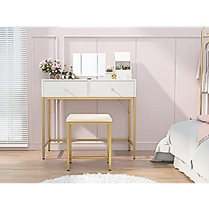 SUPERJARE Vanity Desk, Makeup Vanity with Stool & Tri-fold Lighted Mirror, Vanity Table Set with 2 Large Drawers - White and Gold